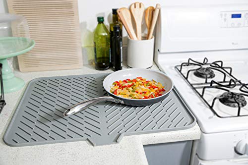 Luxet Silicone Dish Drying Mat with Built-in Drain Lip - Hygienic Drying Pad - Sturdy Compact Easy to Clean Tray Protects Surfaces Prevents Water Build Up - 23 X 17 (Grey)