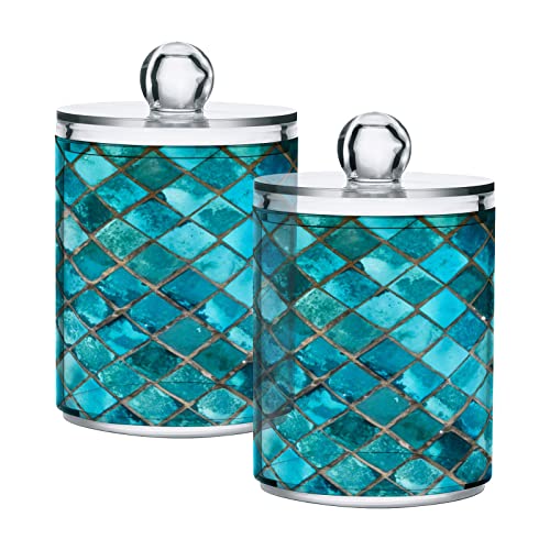 Turquoise Glass Mosaic Qtip Holder Dispenser Teal Geometric Bathroom Canister Storage Organization 2 Pack Clear Plastic Apothecary Jars with Lids Vanity Makeup Organizer For Cotton Ball Swab Floss