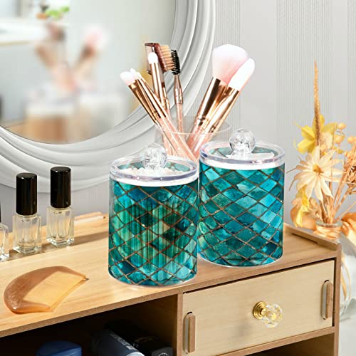 Turquoise Glass Mosaic Qtip Holder Dispenser Teal Geometric Bathroom Canister Storage Organization 2 Pack Clear Plastic Apothecary Jars with Lids Vanity Makeup Organizer For Cotton Ball Swab Floss