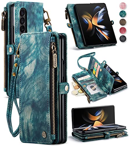 Defencase Wallet Case Compatible with Samsung Galaxy Z Fold 4 with Card Holder PU Leather Magnetic Snap Flip Zipper Strap Phone Case Fit for Galaxy Z Fold 4, Fashion Blue