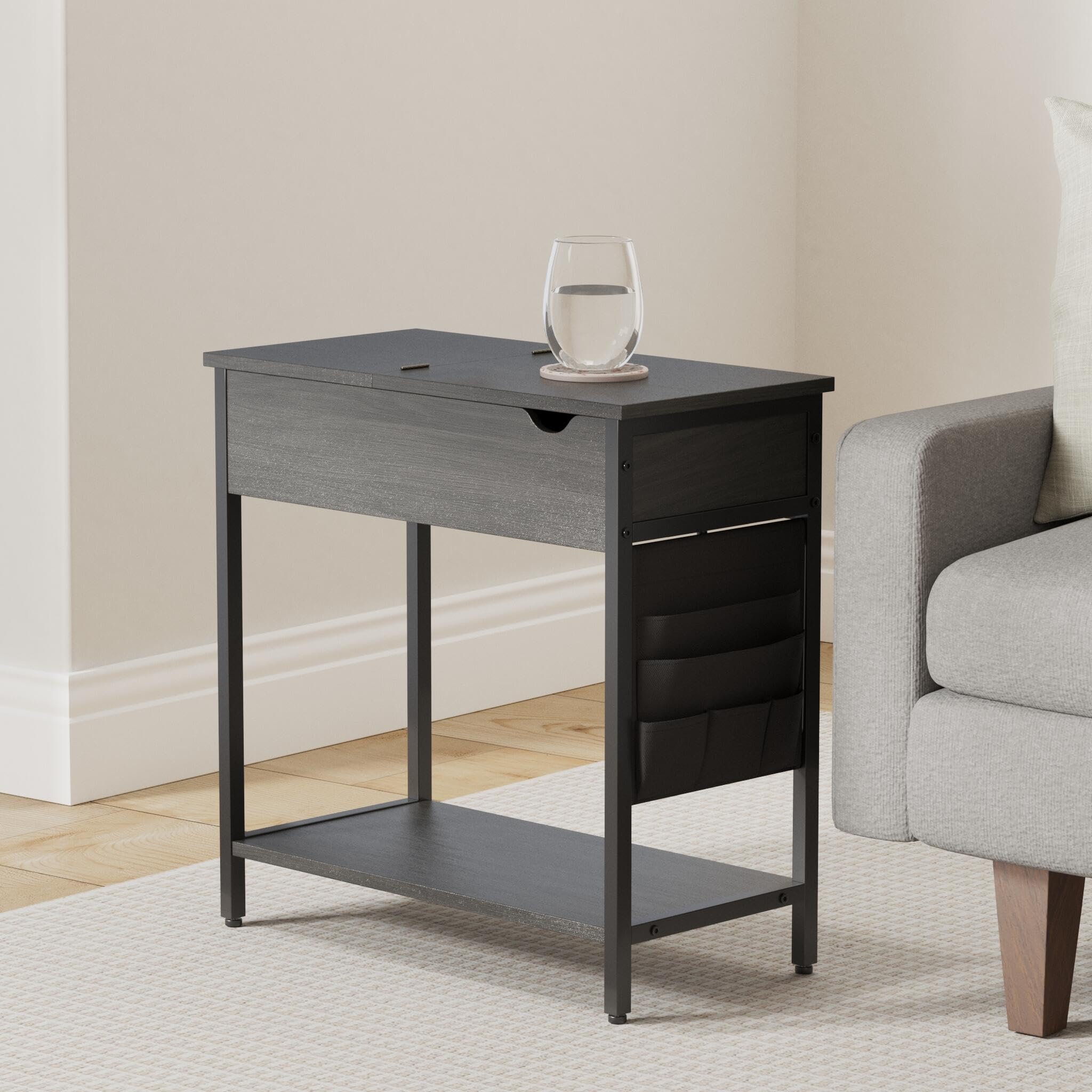 VASAGLE Side Table with Storage, End Table with USB Ports and Outlets, Nightstand with Charging Station, Fabric Bags, for Living Room, Bedroom, Ebonized Oak Finish and Black ULET310B42