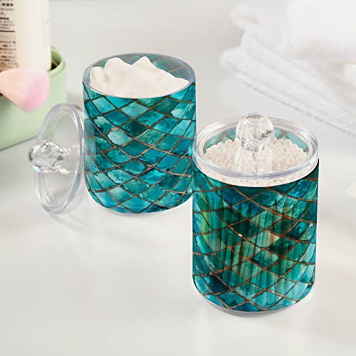 Turquoise Glass Mosaic Qtip Holder Dispenser Teal Geometric Bathroom Canister Storage Organization 2 Pack Clear Plastic Apothecary Jars with Lids Vanity Makeup Organizer For Cotton Ball Swab Floss