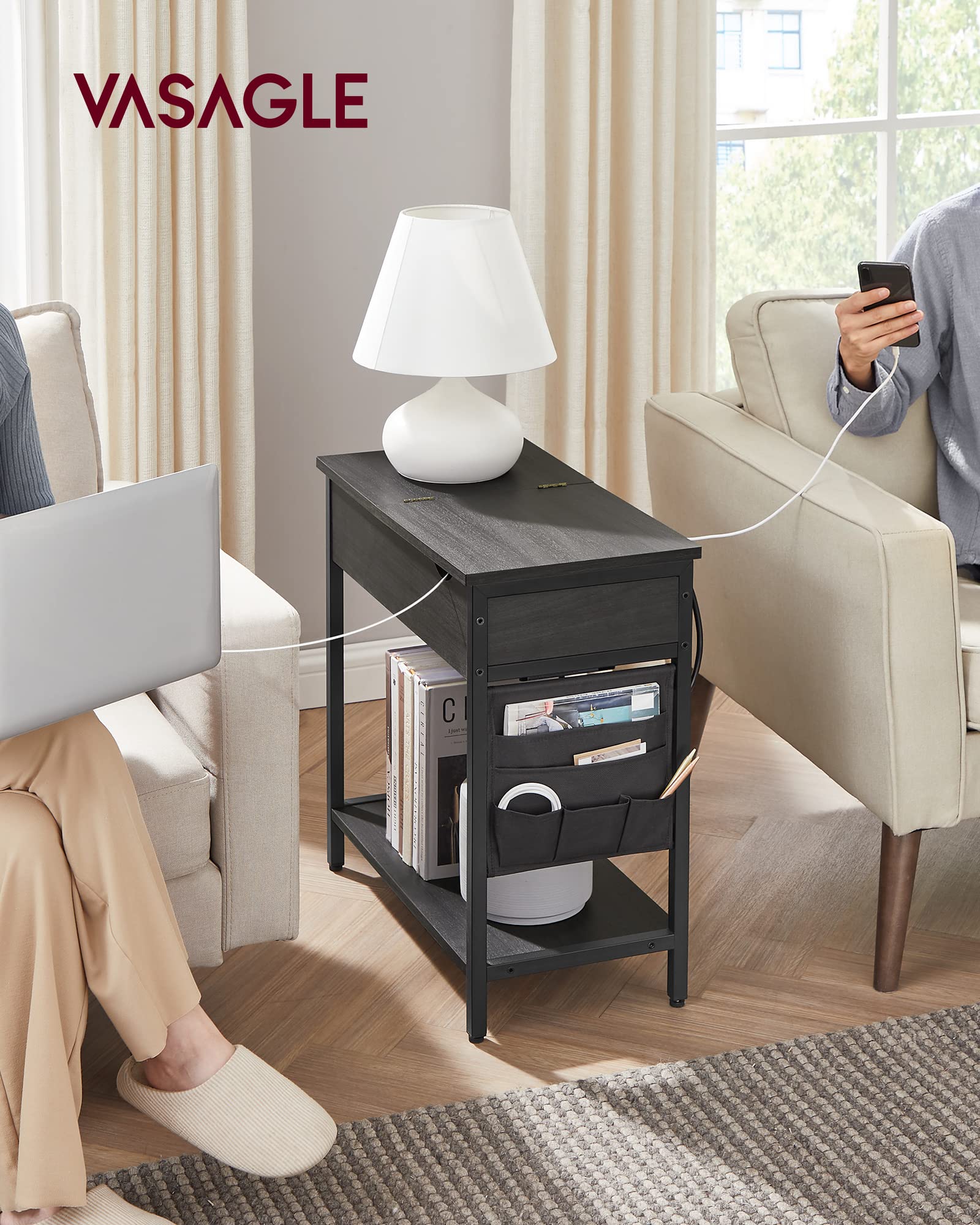 VASAGLE Side Table with Storage, End Table with USB Ports and Outlets, Nightstand with Charging Station, Fabric Bags, for Living Room, Bedroom, Ebonized Oak Finish and Black ULET310B42