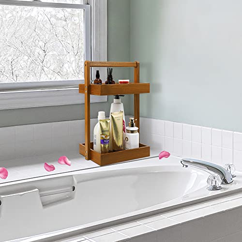Utoplike Teak Wood Bath Mat, Wooden Shower Mat for Bathroom 24 x 16 inch Non Slip and Shower Caddy Corner, 2 Tier Bathroom Organizer Countertop Set
