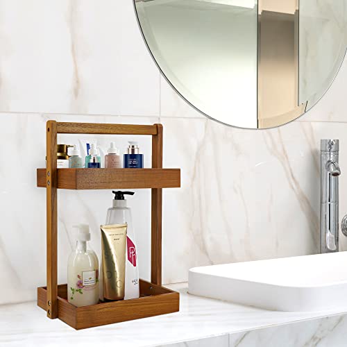 Utoplike Teak Wood Bath Mat, Wooden Shower Mat for Bathroom 24 x 16 inch Non Slip and Shower Caddy Corner, 2 Tier Bathroom Organizer Countertop Set