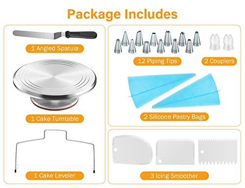 Kootek Aluminium Cake Decorating Turntable, 12 Inch Rotating Cake Stand, 22pcs Baking Supplies Tools with Icing Spatula, Cake Leveler, 3 Icing Smoother, 12 Icing Piping Tips, 2 Pastry Bag