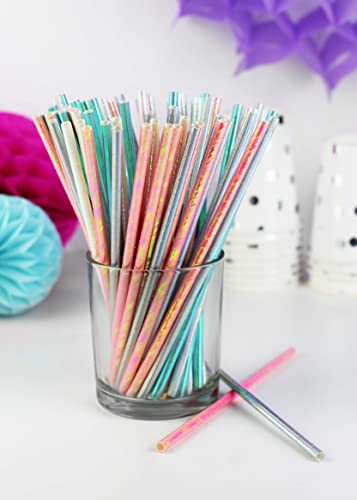 Just Artifacts Iridescent Disposable Drinking Party Paper Straws (100pcs, Silver), One Size