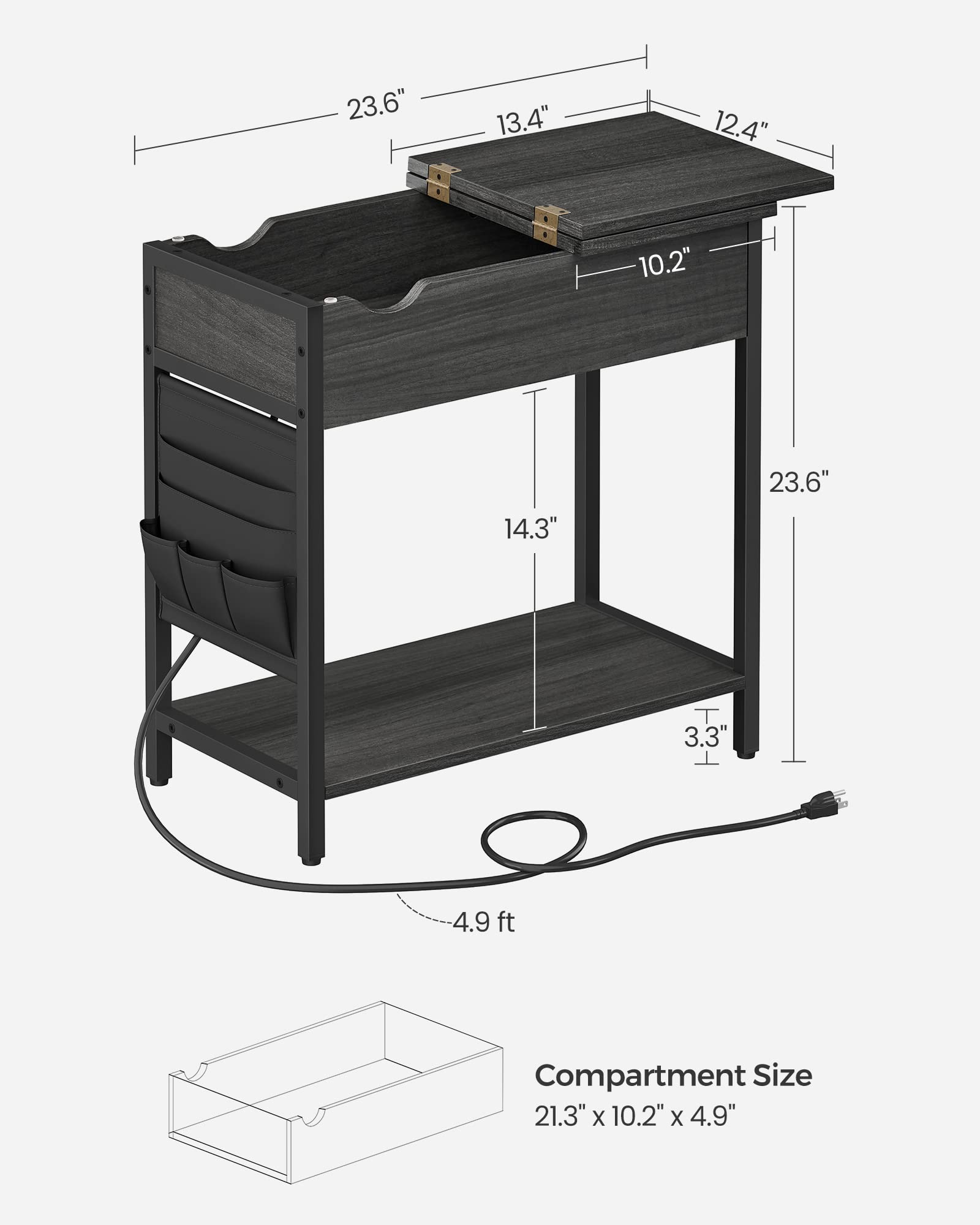VASAGLE Side Table with Storage, End Table with USB Ports and Outlets, Nightstand with Charging Station, Fabric Bags, for Living Room, Bedroom, Ebonized Oak Finish and Black ULET310B42