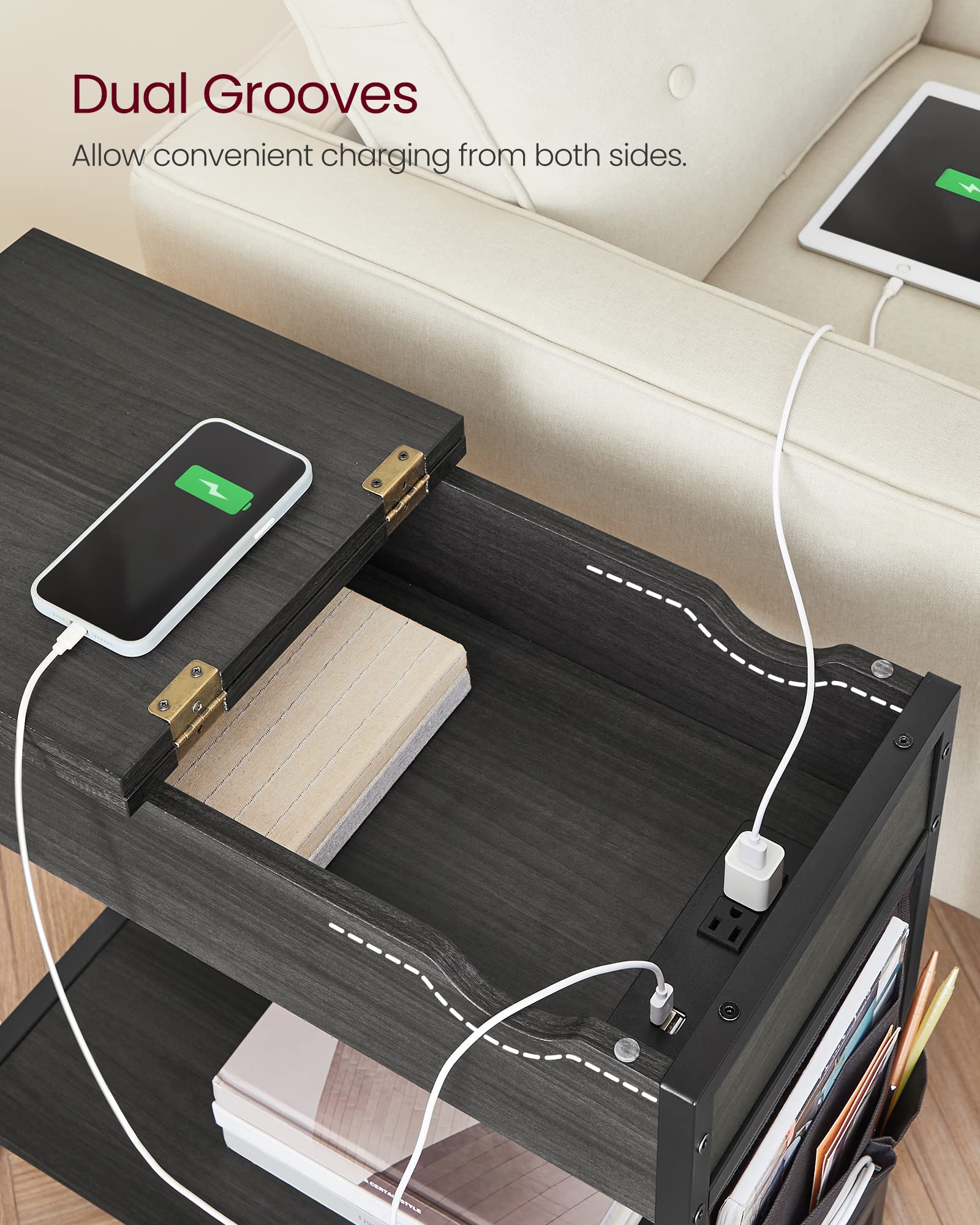 VASAGLE Side Table with Storage, End Table with USB Ports and Outlets, Nightstand with Charging Station, Fabric Bags, for Living Room, Bedroom, Ebonized Oak Finish and Black ULET310B42