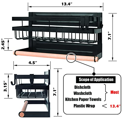 Sleclean Magnetic Spice Rack Organizer for Refrigerator, 2 Pack, Paper towel holder magnetic, Kitchen Magnetic Shelf,13.4"x4.5"x7.1", Black