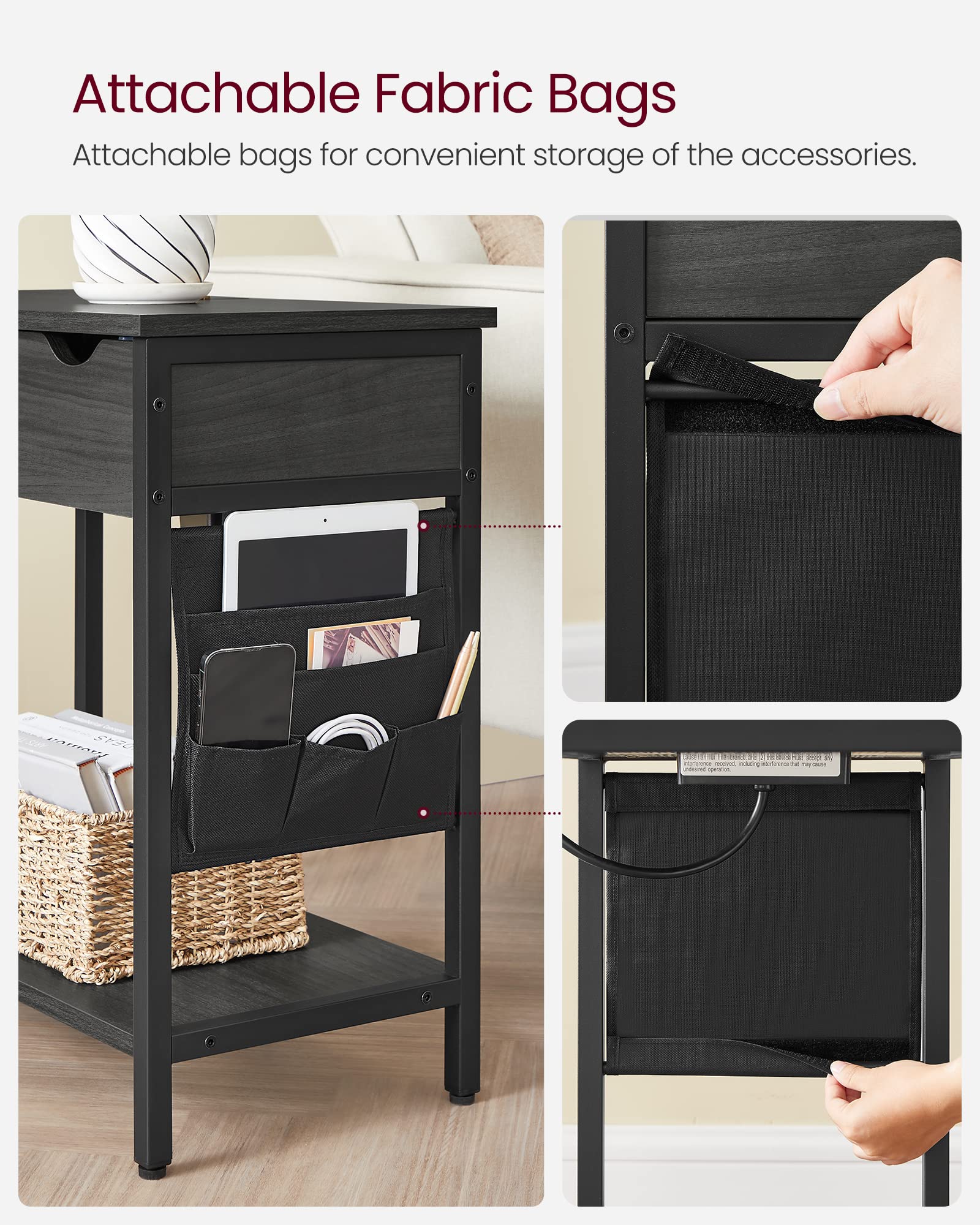 VASAGLE Side Table with Storage, End Table with USB Ports and Outlets, Nightstand with Charging Station, Fabric Bags, for Living Room, Bedroom, Ebonized Oak Finish and Black ULET310B42