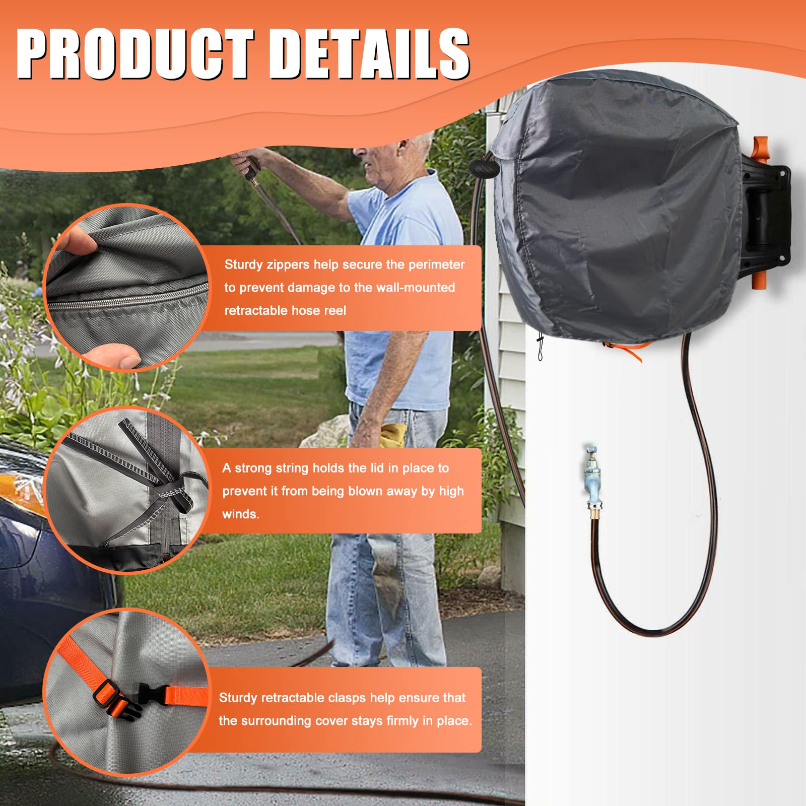 GEHENG Garden Wall Mounted Retractable Hose Reel Cover, 450D Oxford Polyester Coated Tarp, 100% Waterproof Sunscreen Hose Reel Cover, for:Giraffe tools,Ayleid,Gardena and More.grey,24"L x18"Wx24H".