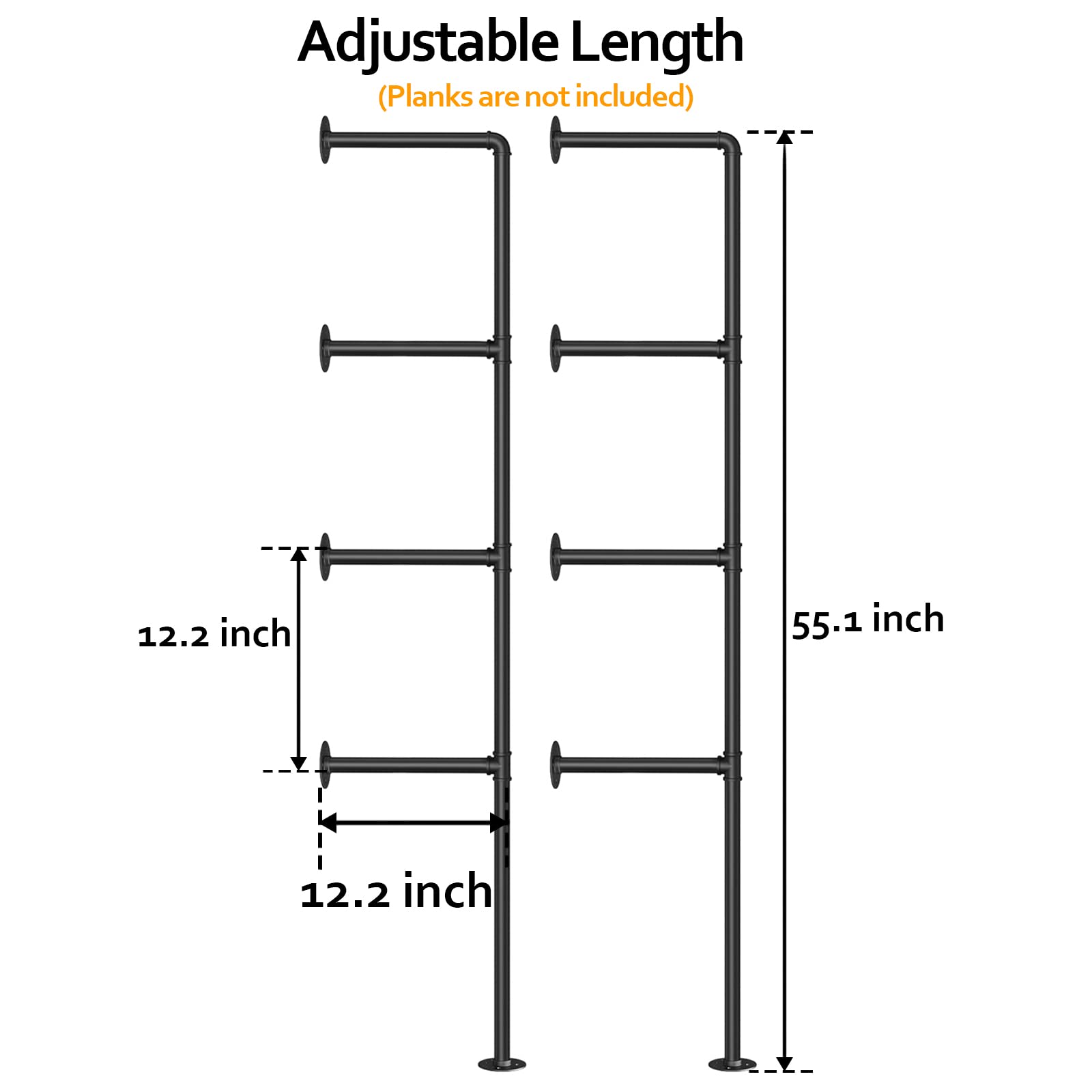 Pynsseu Industrial Iron Pipe Shelf Wall Mount, Farmhouse DIY Open Bookshelf, Pipe Shelves for Kitchen Bathroom, bookcases Living Room Storage, 2Pack of 4 Tier