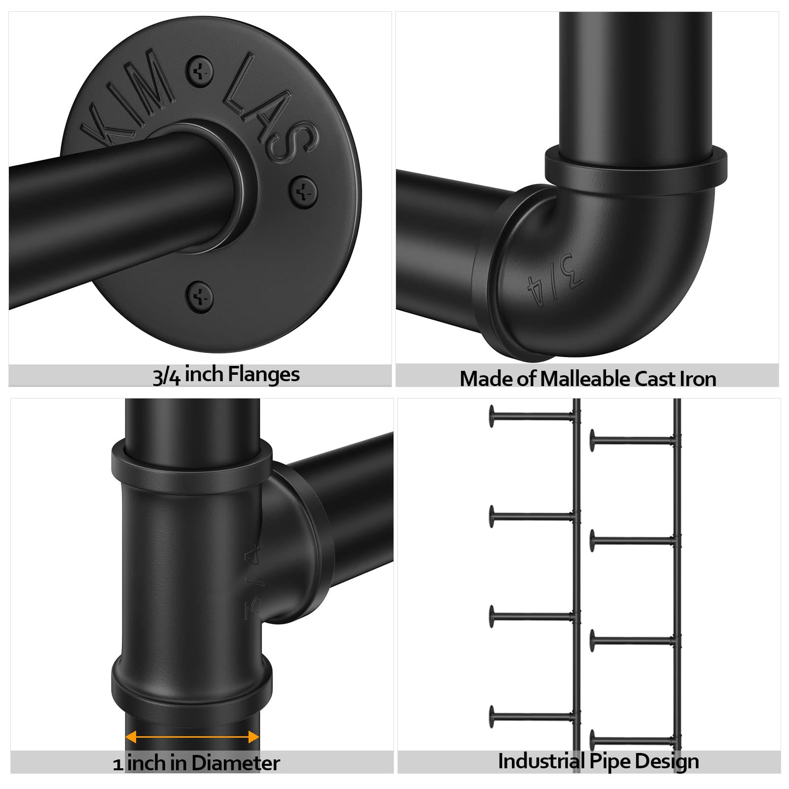 Pynsseu Industrial Iron Pipe Shelf Wall Mount, Farmhouse DIY Open Bookshelf, Pipe Shelves for Kitchen Bathroom, bookcases Living Room Storage, 2Pack of 4 Tier