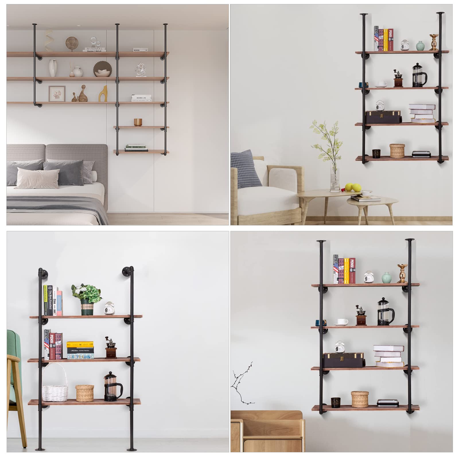 Pynsseu Industrial Iron Pipe Shelf Wall Mount, Farmhouse DIY Open Bookshelf, Pipe Shelves for Kitchen Bathroom, bookcases Living Room Storage, 2Pack of 4 Tier