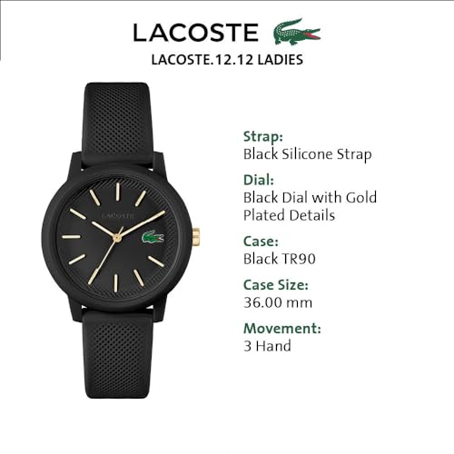 Lacoste 12.12 Women's Quartz Plastic and Silicone Strap Watch, Color: Black (Model: 2001212)