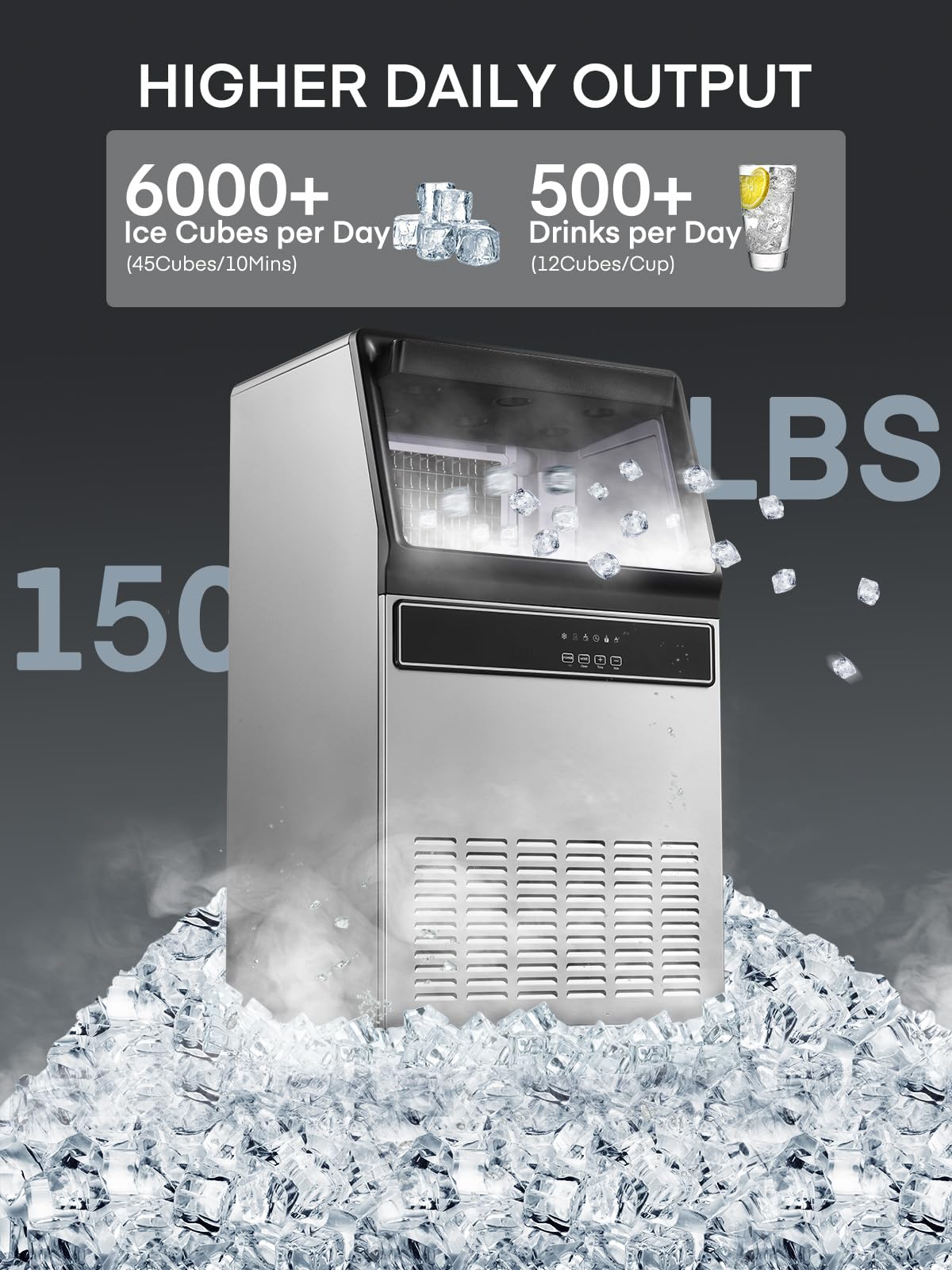 Commercial Ice Maker Machine 100lbs per 24H, All-Around Stainless Steel Under Counter Ice Machine with 33lbs Ice Storage Capacity, Freestanding Ice Maker FOHERE, Black