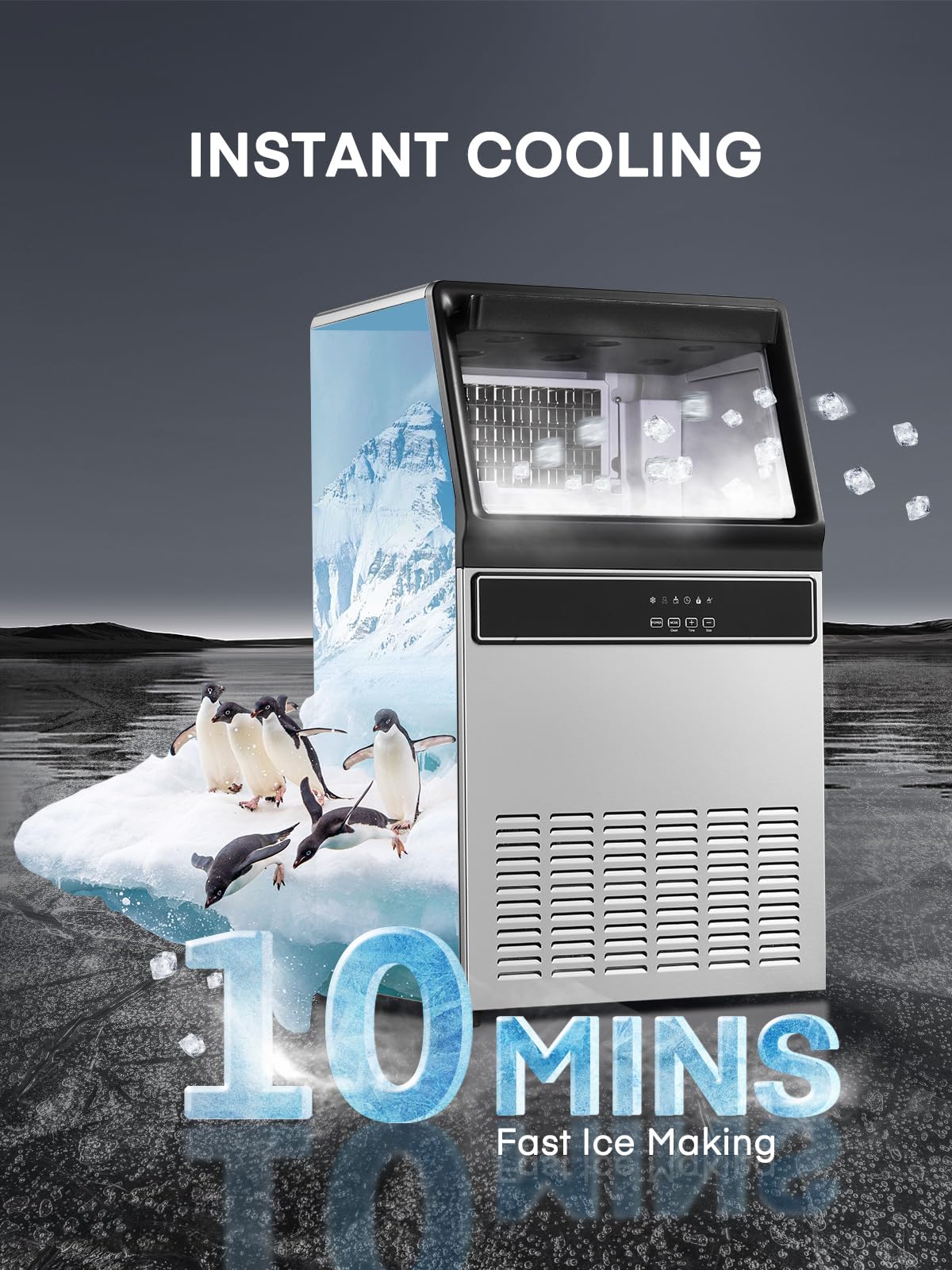 Commercial Ice Maker Machine 100lbs per 24H, All-Around Stainless Steel Under Counter Ice Machine with 33lbs Ice Storage Capacity, Freestanding Ice Maker FOHERE, Black