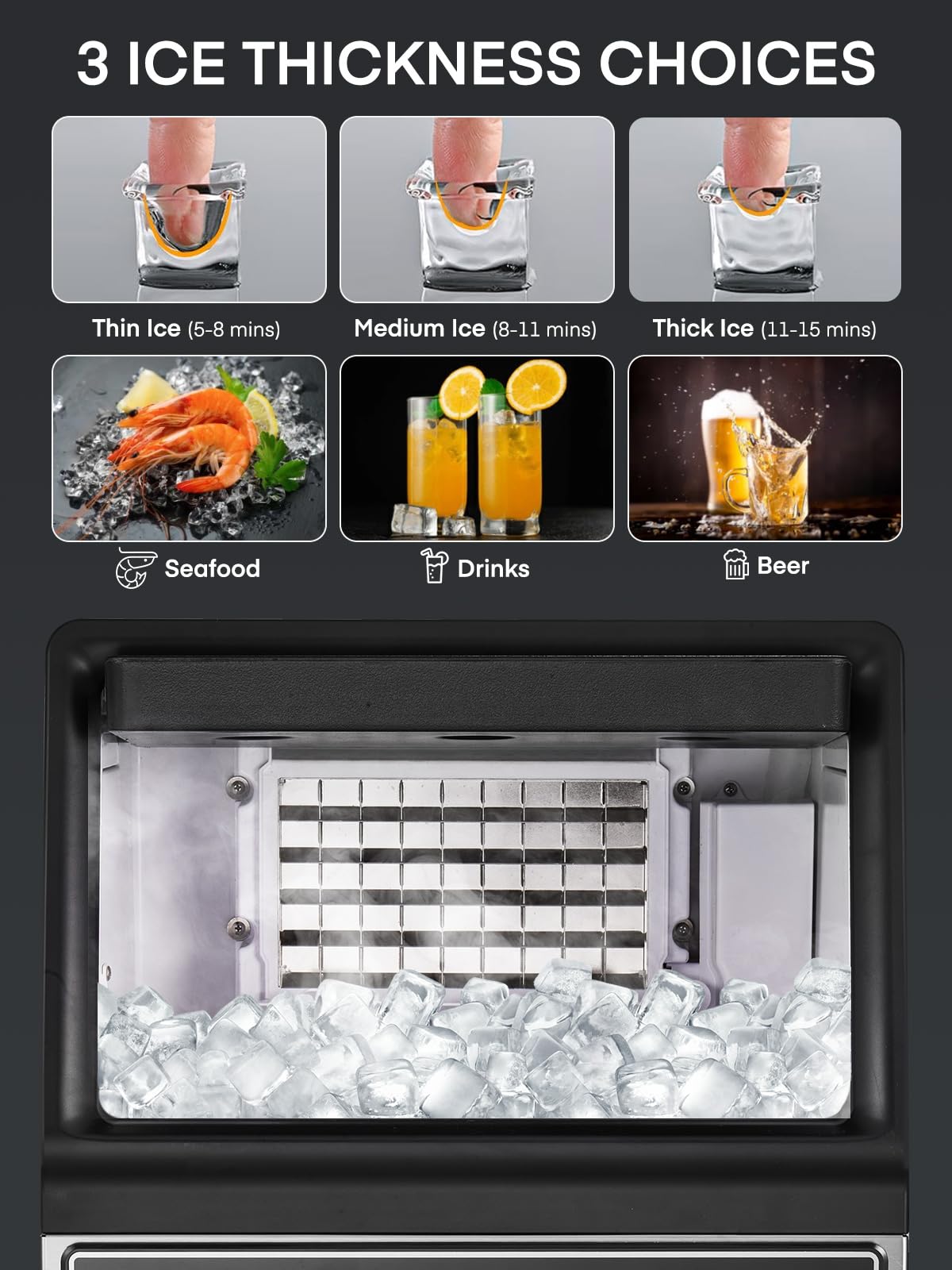 Commercial Ice Maker Machine 100lbs per 24H, All-Around Stainless Steel Under Counter Ice Machine with 33lbs Ice Storage Capacity, Freestanding Ice Maker FOHERE, Black