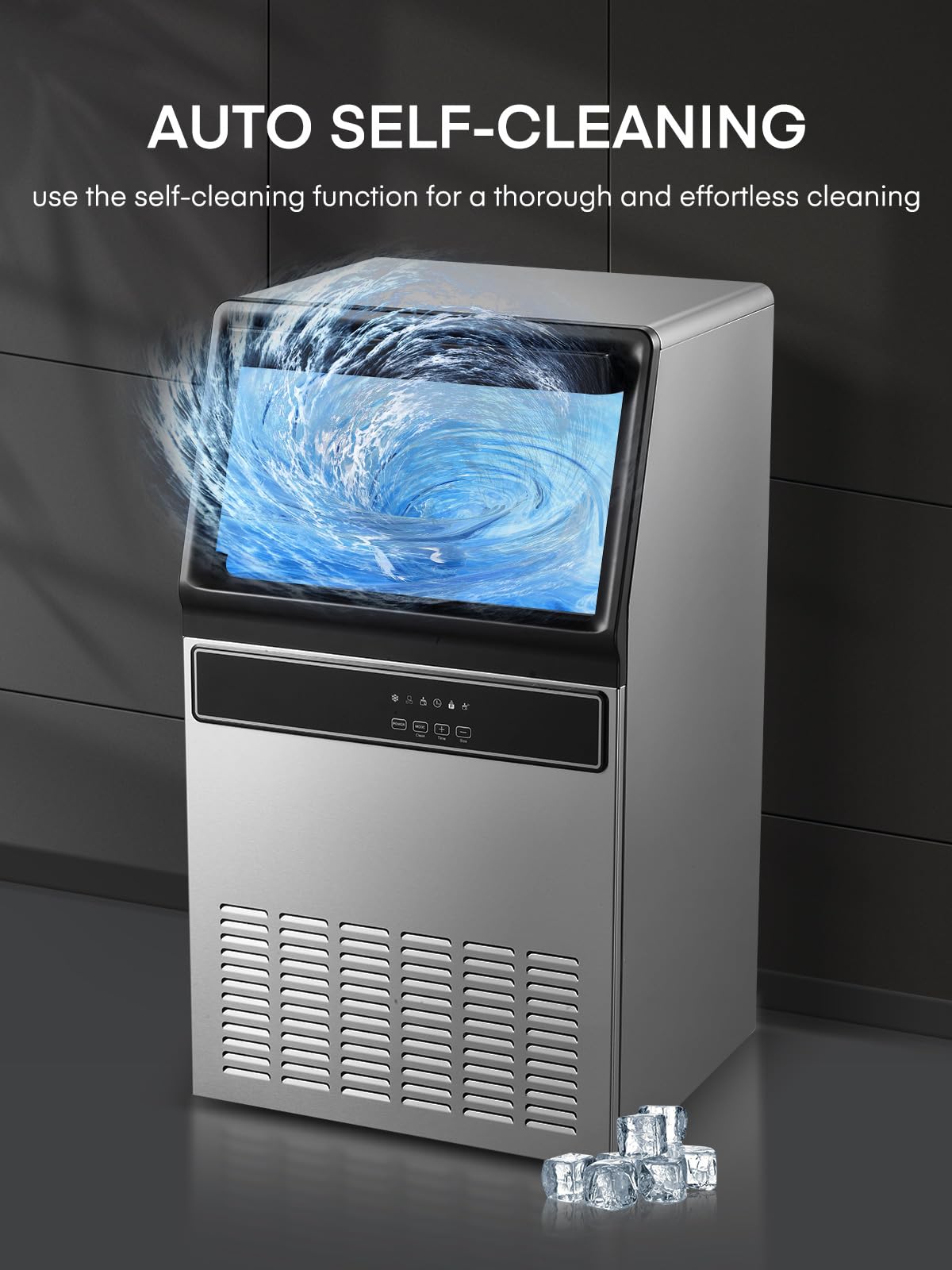 Commercial Ice Maker Machine 100lbs per 24H, All-Around Stainless Steel Under Counter Ice Machine with 33lbs Ice Storage Capacity, Freestanding Ice Maker FOHERE, Black
