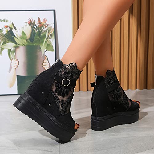 Ladies Fashion Solid Color Summer Breathable Mesh Open Toed Back Zippered High Soled Womens Size 12 Shoes Sandals (Black, 7.5)