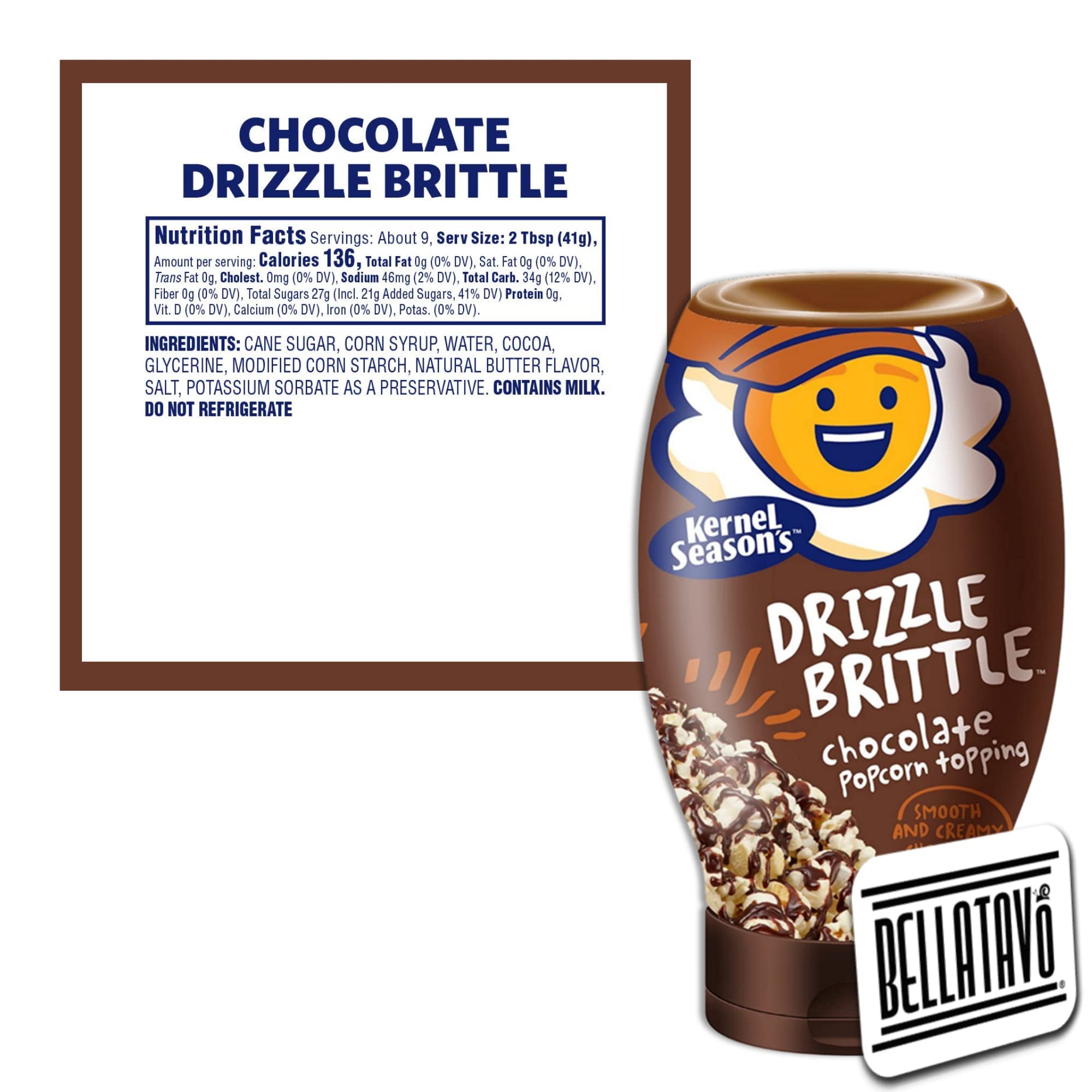 Popcorn Drizzle Sauce Bundle. Includes Two-13.1 Oz Kernel Seasons Drizzle Brittle Popcorn Topping. One Each Flavor: Caramel Drizzle and Chocolate Drizzle. Comes With a BELLATAVO Fridge Magnet!