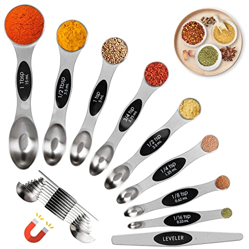 [9 Pack] Magnetic Measuring Spoons Set Dual Sided Measuring Scoop with Leveler Stainless Steel Measuring Spoons Kitchen Utensils Gadgets for Dry or Liquid Food