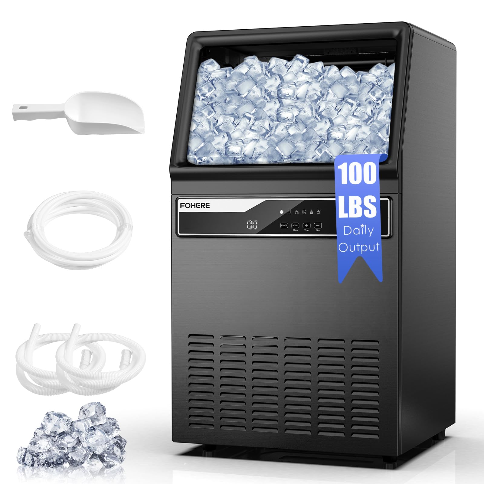 Commercial Ice Maker Machine 100lbs per 24H, All-Around Stainless Steel Under Counter Ice Machine with 33lbs Ice Storage Capacity, Freestanding Ice Maker FOHERE, Black