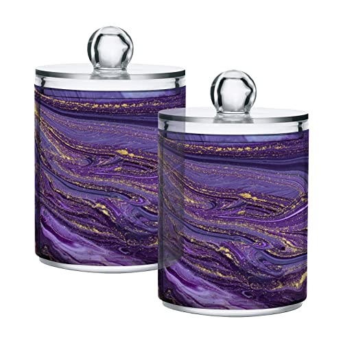 Coikll Purple Marble Qtip Holder with Lid 2PCS Apothecary Jars Storage Containers, Clear Plastic Canister for Cotton Swab,Floss Picks, Cosmetics