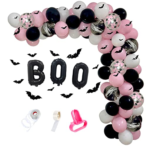 manguo 110Pcs Halloween Balloon Garland Kit Pink Black Latex Balloons 3D PVC Bat BOO Foil Balloon Party Supplies Decorations for Kids Halloween Theme Party Baby Shower Decoration (Multicolor)