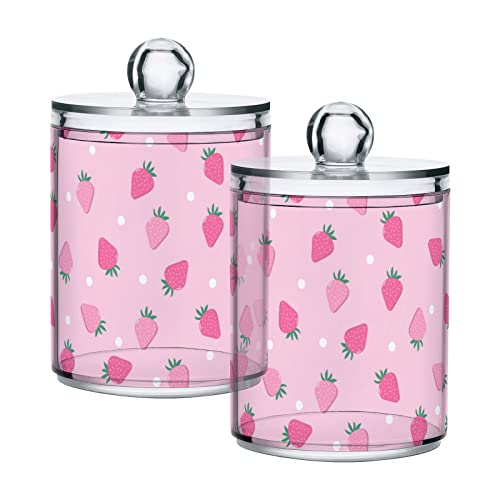 Kigai Cotton Swabs Organizer Pink Strawberry Qtip Holder Dispenser with Lid Apothecary Jar Set 2PCS Reusable Clear Plastic Cans for Dry Food