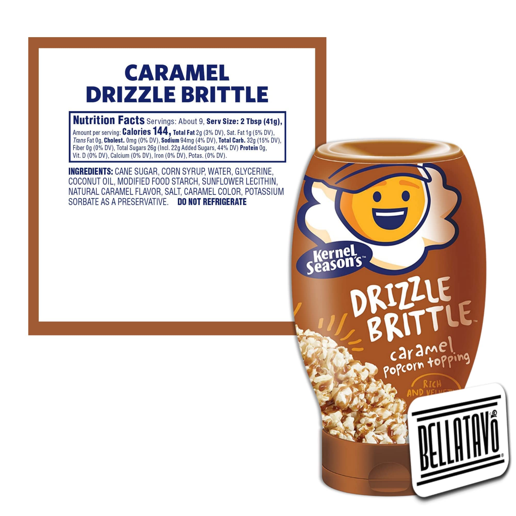 Popcorn Drizzle Sauce Bundle. Includes Two-13.1 Oz Kernel Seasons Drizzle Brittle Popcorn Topping. One Each Flavor: Caramel Drizzle and Chocolate Drizzle. Comes With a BELLATAVO Fridge Magnet!