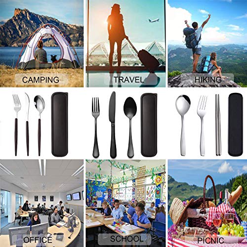 Portable Travel Utensils Set with Case 18/8 Stainless Steel Black Silverware Sets Include Knife Fork and Spoon with Case Reusable Utensil Set for Lunch Box and Camping (Black)