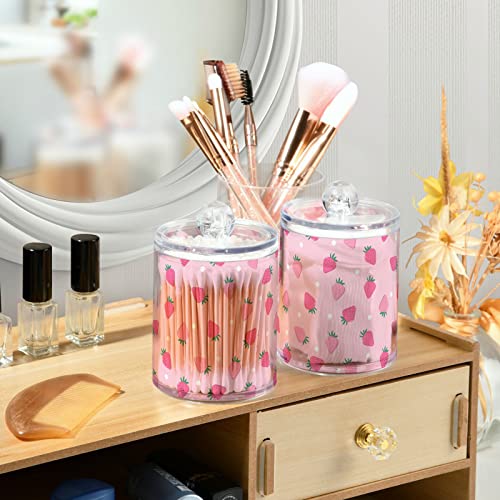 Kigai Cotton Swabs Organizer Pink Strawberry Qtip Holder Dispenser with Lid Apothecary Jar Set 2PCS Reusable Clear Plastic Cans for Dry Food