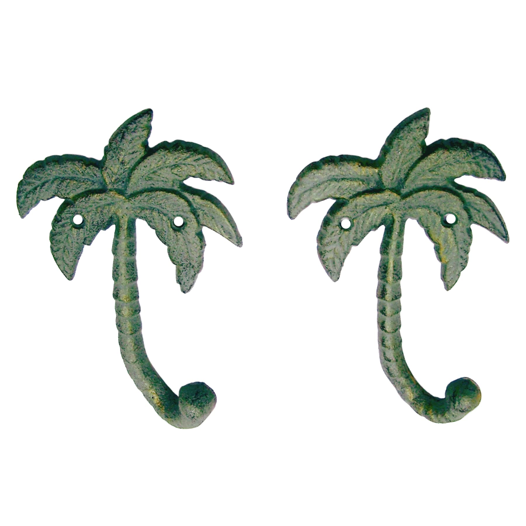 Palm Tree Cast Iron Wall Hooks, Wall Mounted for Hanging Coats, Purses, Towels, Hats, Beach Themed Wall Décor, Set of 2, 6.5 Inches High (Verdigras)