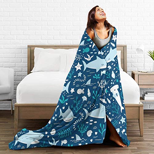 MSGUIDE Cartoon Blue Sharks with Sealifethrow Soft Flannel Fleece Throw Blanket,Lightweight Warm Microfiber Plush Couch Sofa Bed Blanket for Adults Kids(50"x40")