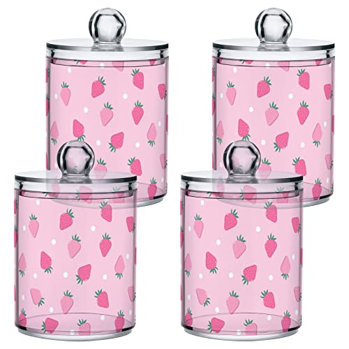 Kigai Cotton Swabs Organizer Pink Strawberry Qtip Holder Dispenser with Lid Apothecary Jar Set 2PCS Reusable Clear Plastic Cans for Dry Food