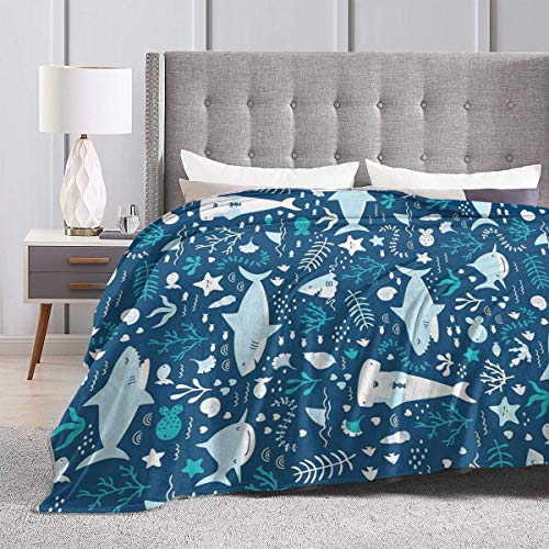 MSGUIDE Cartoon Blue Sharks with Sealifethrow Soft Flannel Fleece Throw Blanket,Lightweight Warm Microfiber Plush Couch Sofa Bed Blanket for Adults Kids(50"x40")