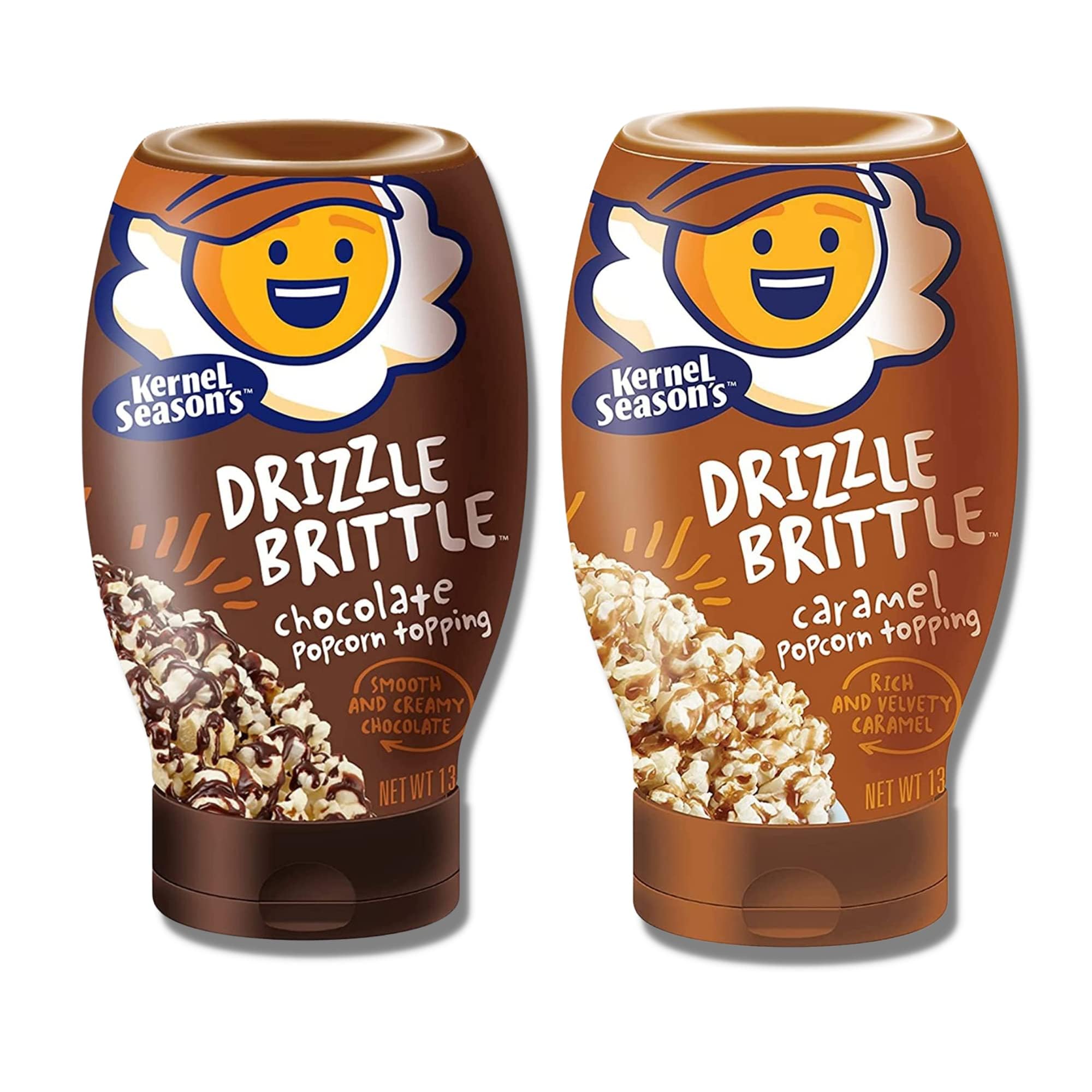 Popcorn Drizzle Sauce Bundle. Includes Two-13.1 Oz Kernel Seasons Drizzle Brittle Popcorn Topping. One Each Flavor: Caramel Drizzle and Chocolate Drizzle. Comes With a BELLATAVO Fridge Magnet!