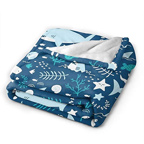 MSGUIDE Cartoon Blue Sharks with Sealifethrow Soft Flannel Fleece Throw Blanket,Lightweight Warm Microfiber Plush Couch Sofa Bed Blanket for Adults Kids(50"x40")