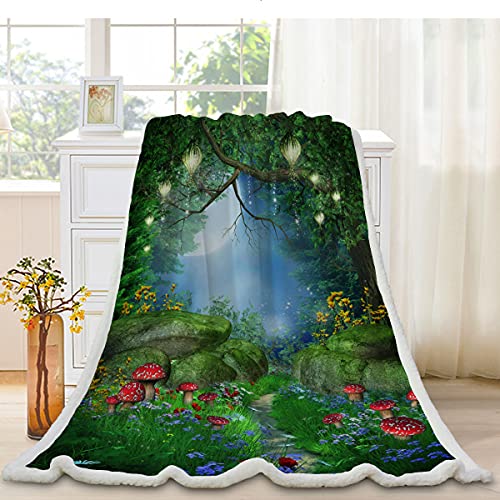 Manerly Sherpa Throw Blankets for Sofa Bed Couch, Magic Fairy Tale Forest wiht Mushrooms and Lanterns Printed Blanket, Soft Cozy Plush Fleece Blankets for Kids Adults Gift, 50"x60"