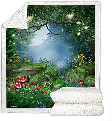 Manerly Sherpa Throw Blankets for Sofa Bed Couch, Magic Fairy Tale Forest wiht Mushrooms and Lanterns Printed Blanket, Soft Cozy Plush Fleece Blankets for Kids Adults Gift, 50"x60"