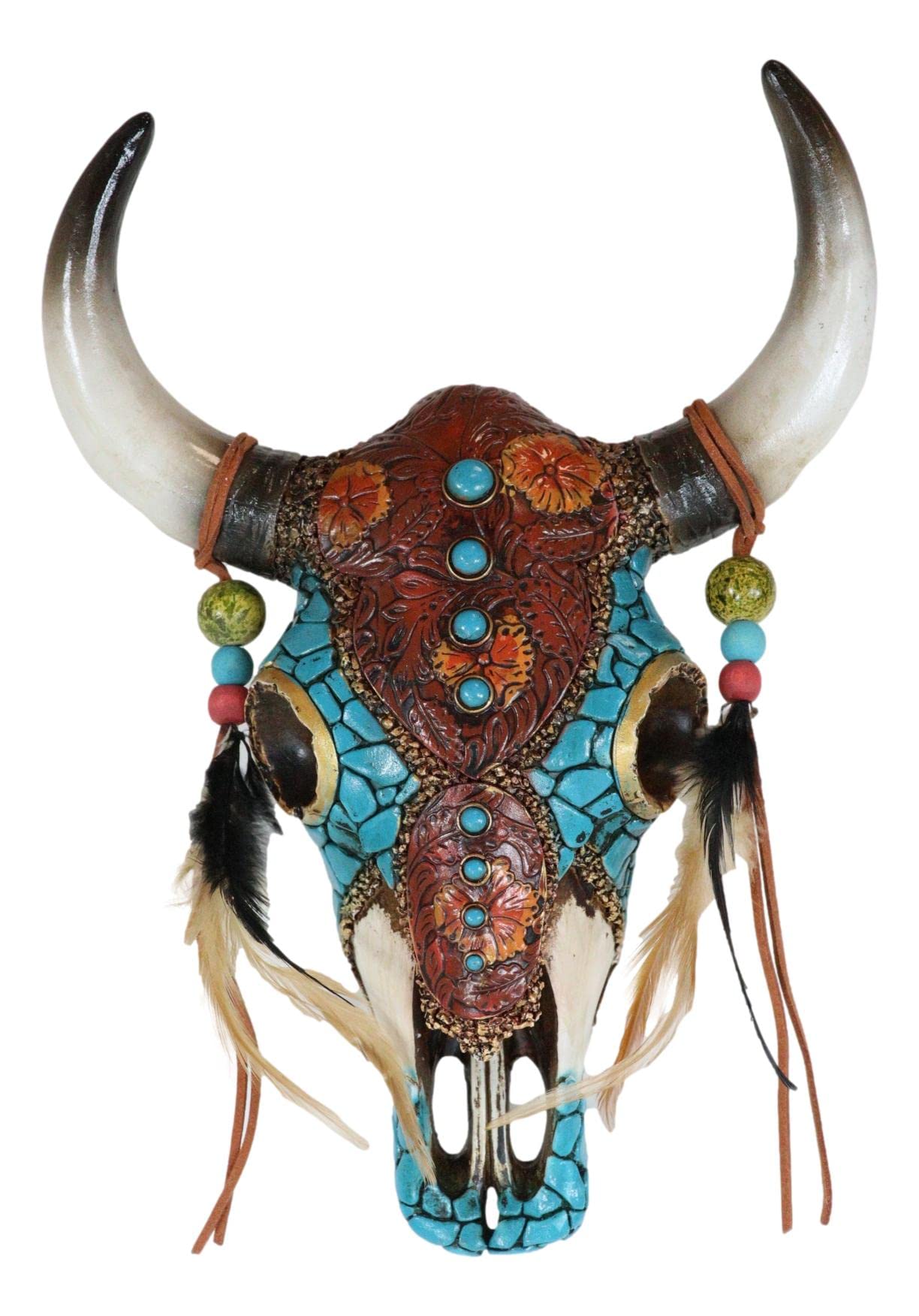 Ebros Gift Southwestern Tribal Indian Dreamcatcher Feathers Turquoise Beads and Faux Tooled Floral Leather Steer Cow Skull Wall Head Decor Hanging Plaque Bison Buffalo Wild Animal Resin Figurine