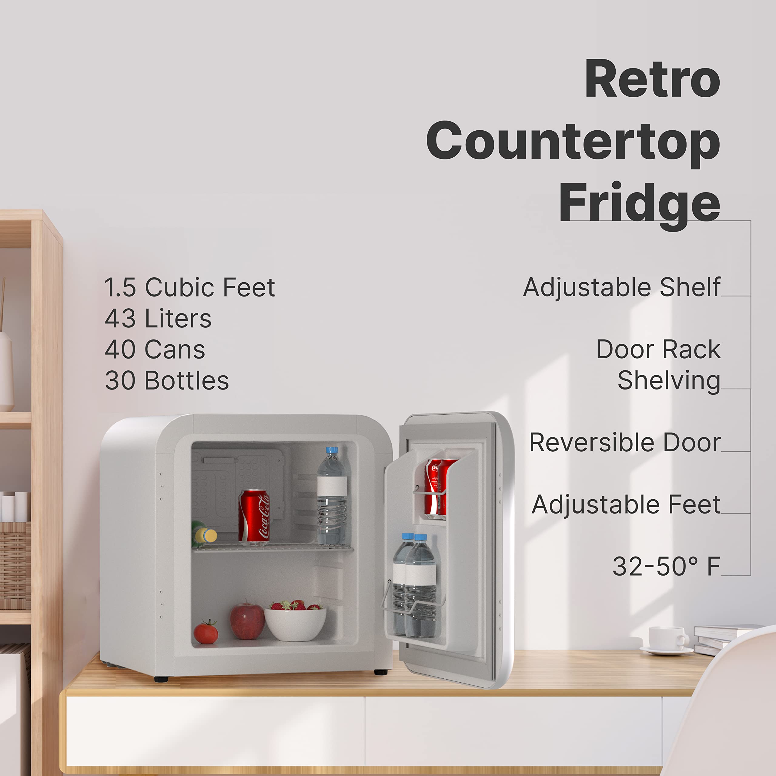 Husky Premium White Retro Mini Refrigerator with 1.5 Cu.ft./43L Capacity, Countertop Mini Fridge with Reversible Door, Retro Mini Fridge, Freestanding Retro Small Fridge for Bedroom, Bar, and Office