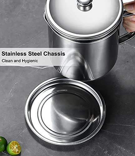 Bacon Grease Container with Strainer 1.25 L / 42 oz Strong SUS 304 Food-grade Stainless Steel Cooking Oil Keeper with Lid and Easy-Grip Handle Suitable for Storing Frying Oil and Cooking Grease
