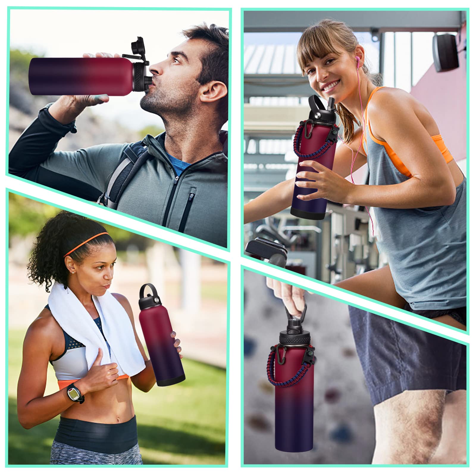 40OZ Stainless-steel Water-Bottle with Straw - Pop-up Spout & Straw Lids, Survival Paracord Handle, Storage Sleeve & Cup Mat, Leak Proof Reusable Insulated Men Women Water Jug for Gym Workout