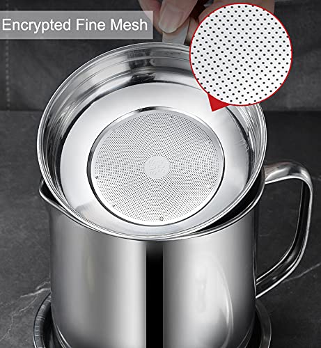 Bacon Grease Container with Strainer 1.25 L / 42 oz Strong SUS 304 Food-grade Stainless Steel Cooking Oil Keeper with Lid and Easy-Grip Handle Suitable for Storing Frying Oil and Cooking Grease