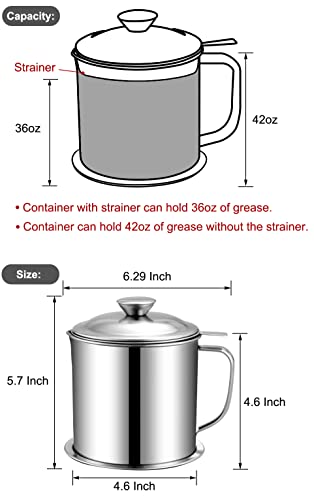 Bacon Grease Container with Strainer 1.25 L / 42 oz Strong SUS 304 Food-grade Stainless Steel Cooking Oil Keeper with Lid and Easy-Grip Handle Suitable for Storing Frying Oil and Cooking Grease