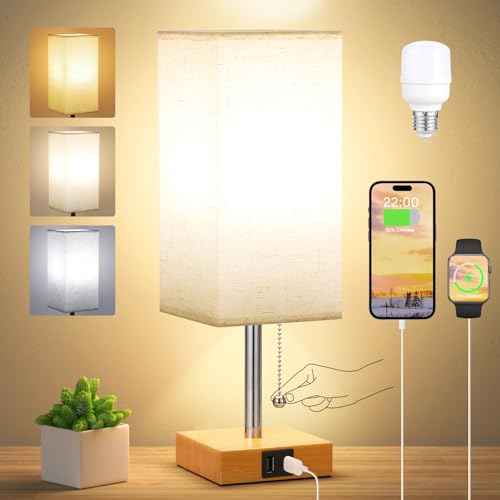 Bedside Lamp with 3 Color Modes - Table Lamp for Bedroom with USB C+A Charging Ports, 2700K-5000K Nightstand Lamp with USB Port, Small Table Lamp for Bed Side Guest Room Living Room Nursery