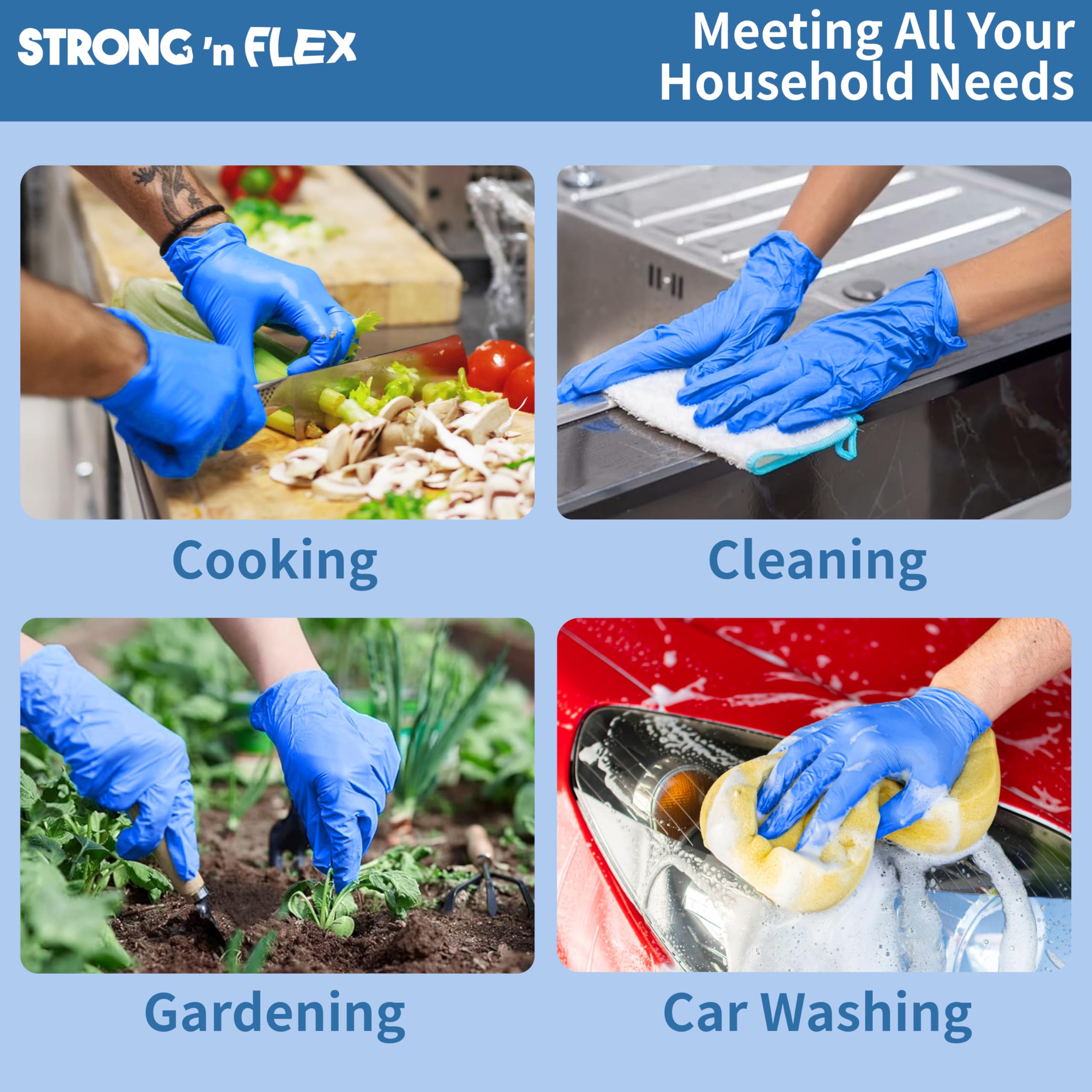 STRONG 'n FLEX 4.5-mil Disposable Blue Nitrile Gloves β Extra Durable & Comfortable, Food Safe, Ideal for Cleaning & All Household Needs β 100pcs - XL